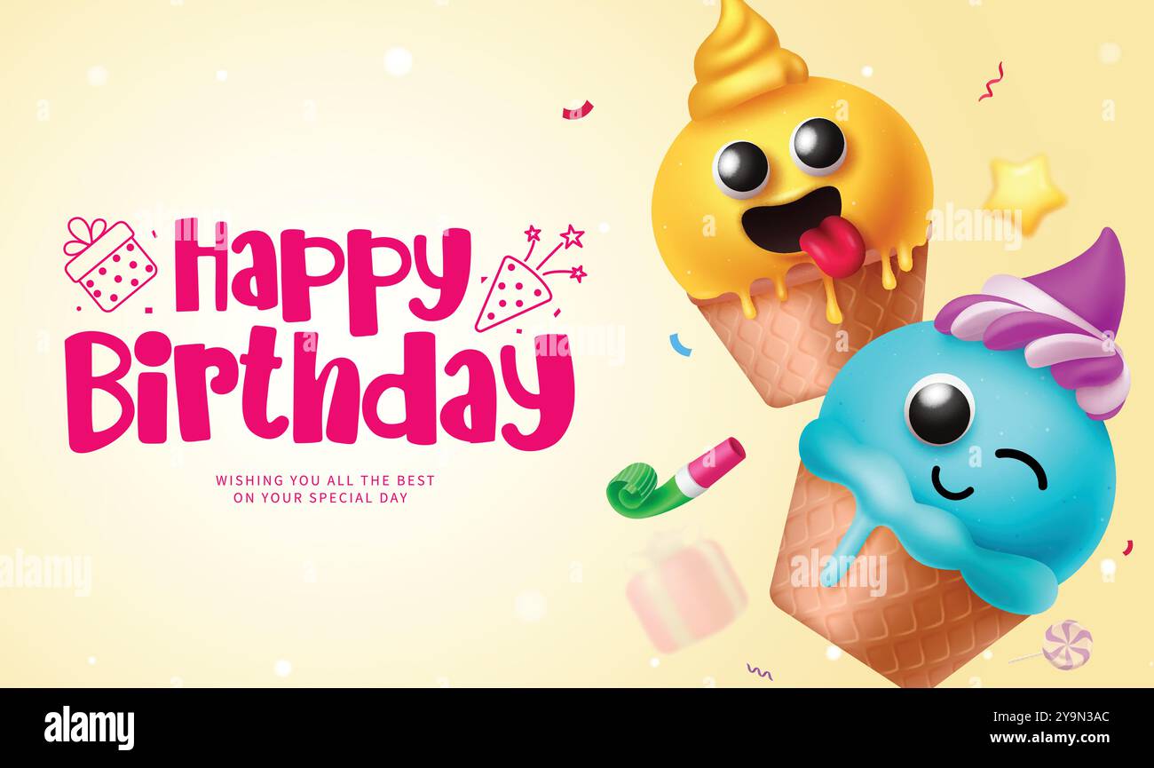 Happy birthday ice cream characters vector template. Birthday greeting ...