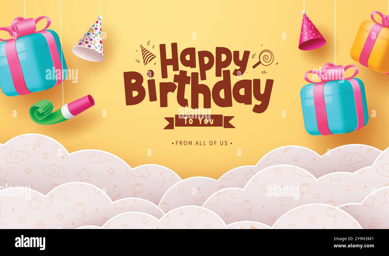 Happy birthday greeting vector design. Birthday greeting text in yellow ...