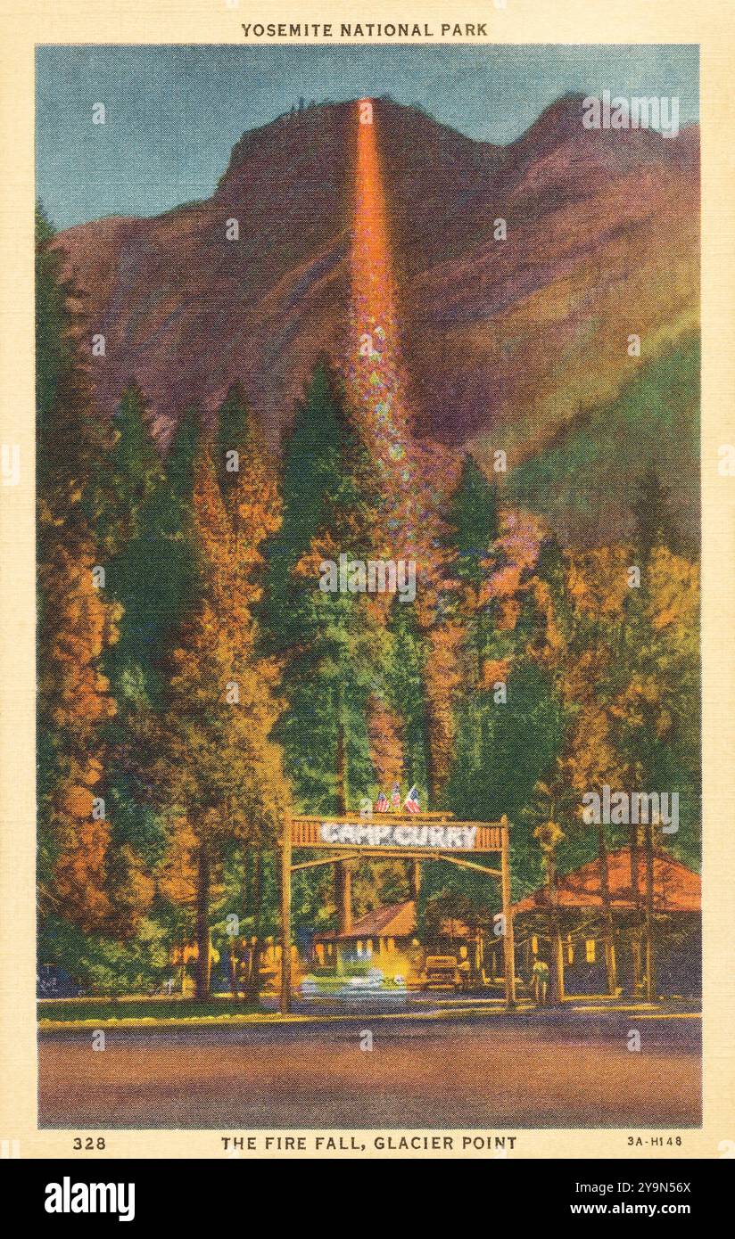 Vintage 1933 U.S. postcard of Camp Curry and the man-made Firefall ...