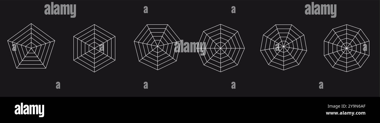 Radar or spider diagram template. Pentagon, Hexagon, Heptagon, Octagon ...