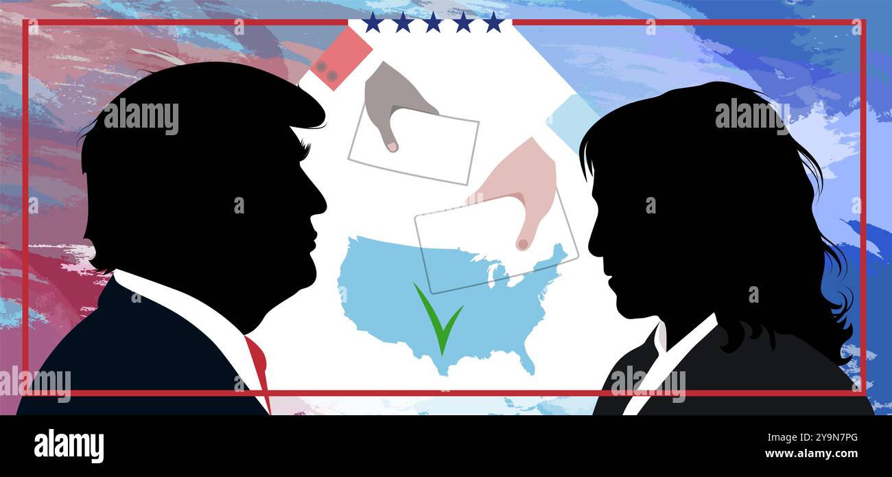 Donald Trump and Kamala Harris with their hands holding ballots in the ...