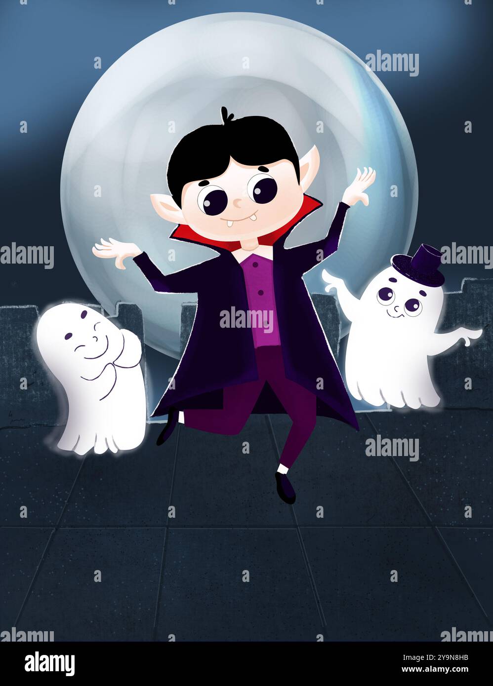 A magical vampire with ghosts dancing on a castle tower under a full ...