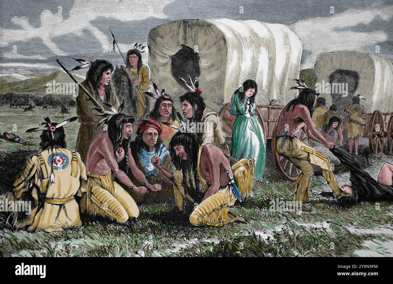 US. Oregon, California. Indians after raiding a caravan of settlers ...