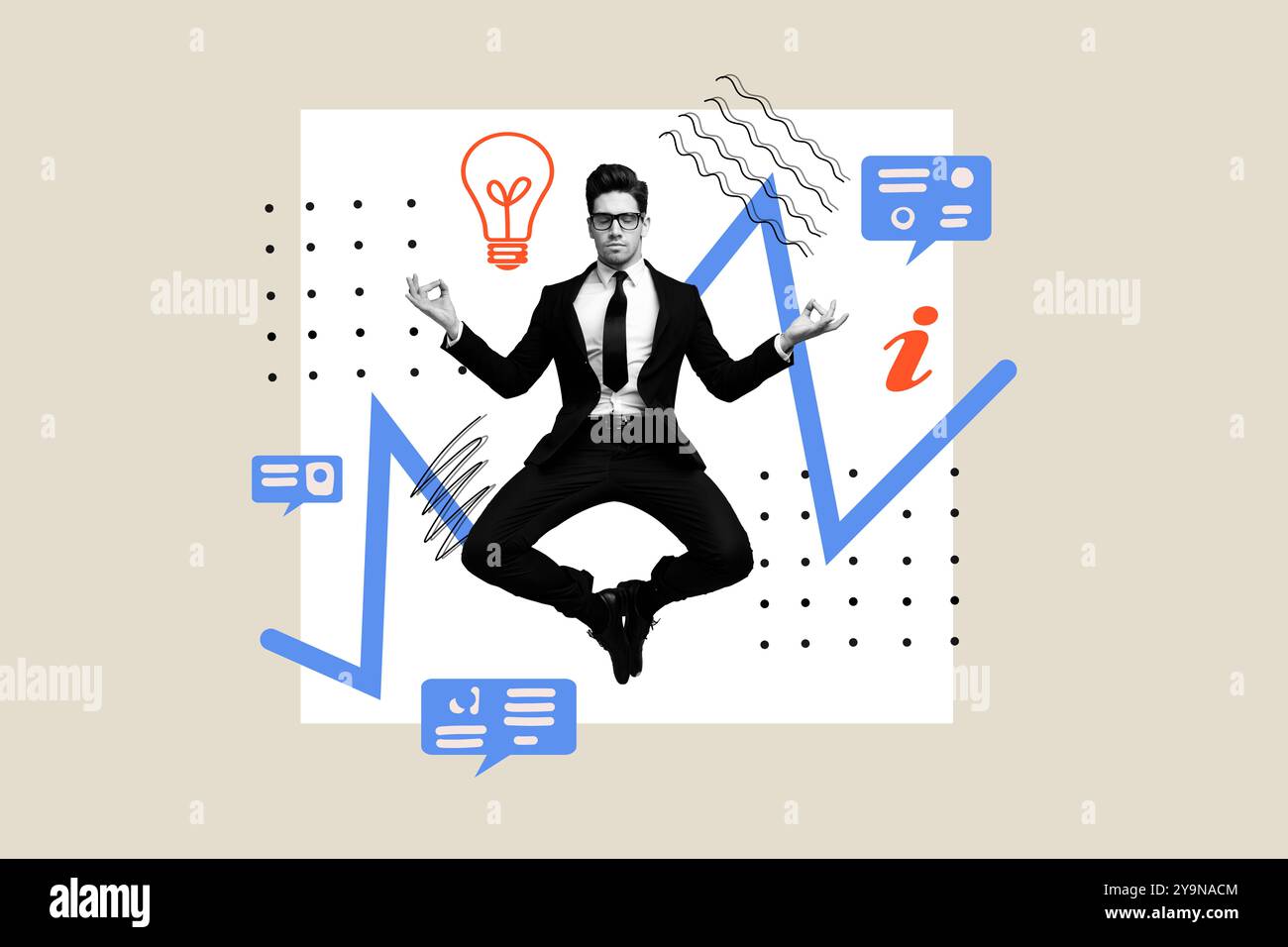 Composite photo collage of serious businessman jump yoga retreat light ...