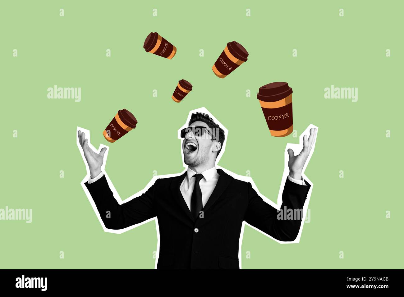 Composite photo collage of excited businessman throw coffee cup takeout ...