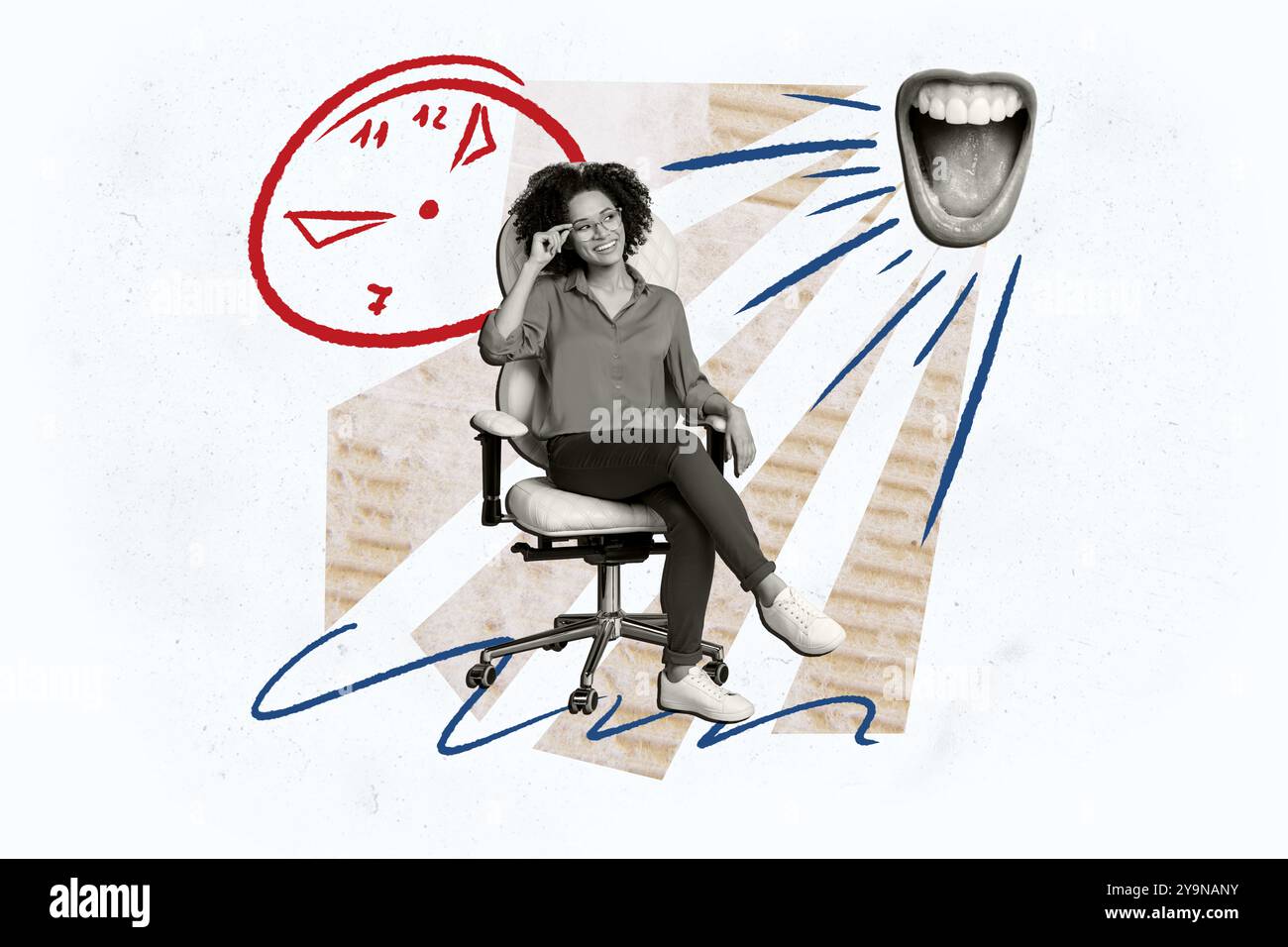 Creative young woman armchair office worker deadline time management ...