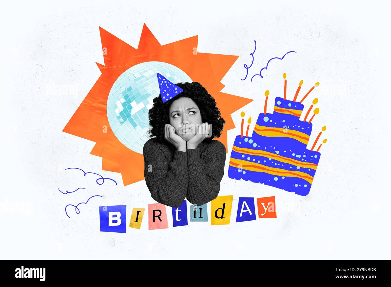 Composite photo collage of unhappy american girl birthday party ...