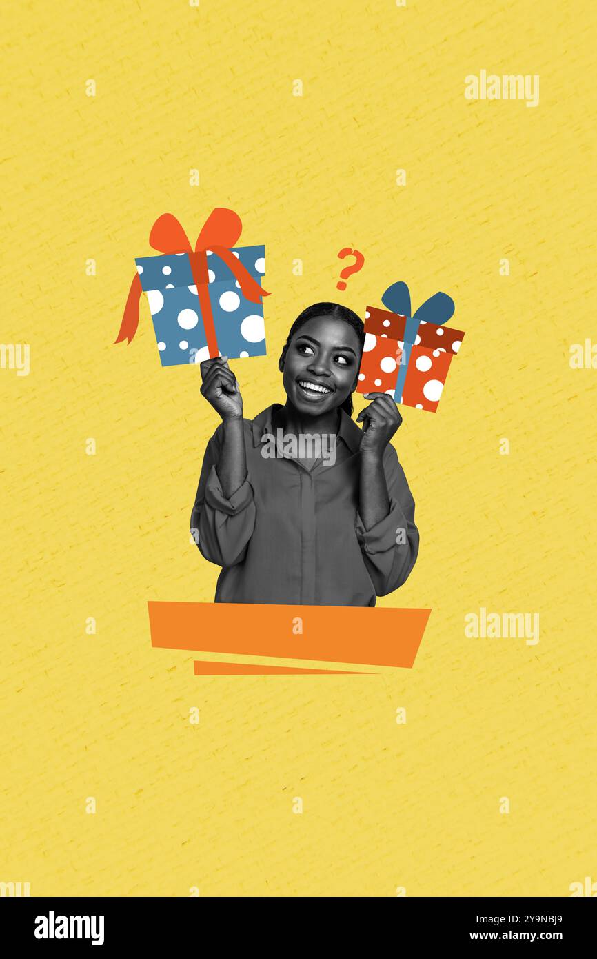 Vertical photo collage of happy american birthday girl hold present ...