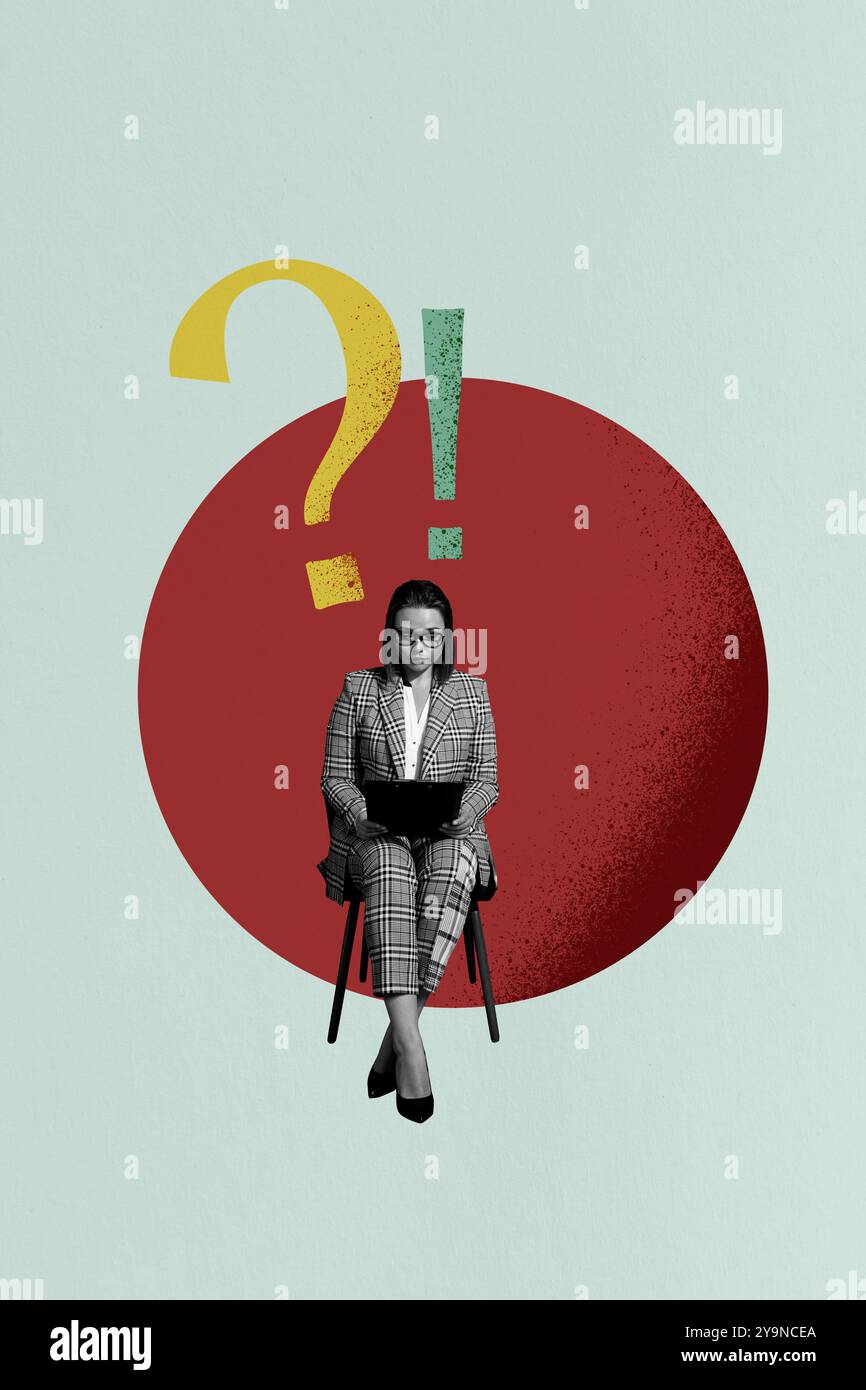 Vertical photo collage of serious businesswoman sit chair hold ...