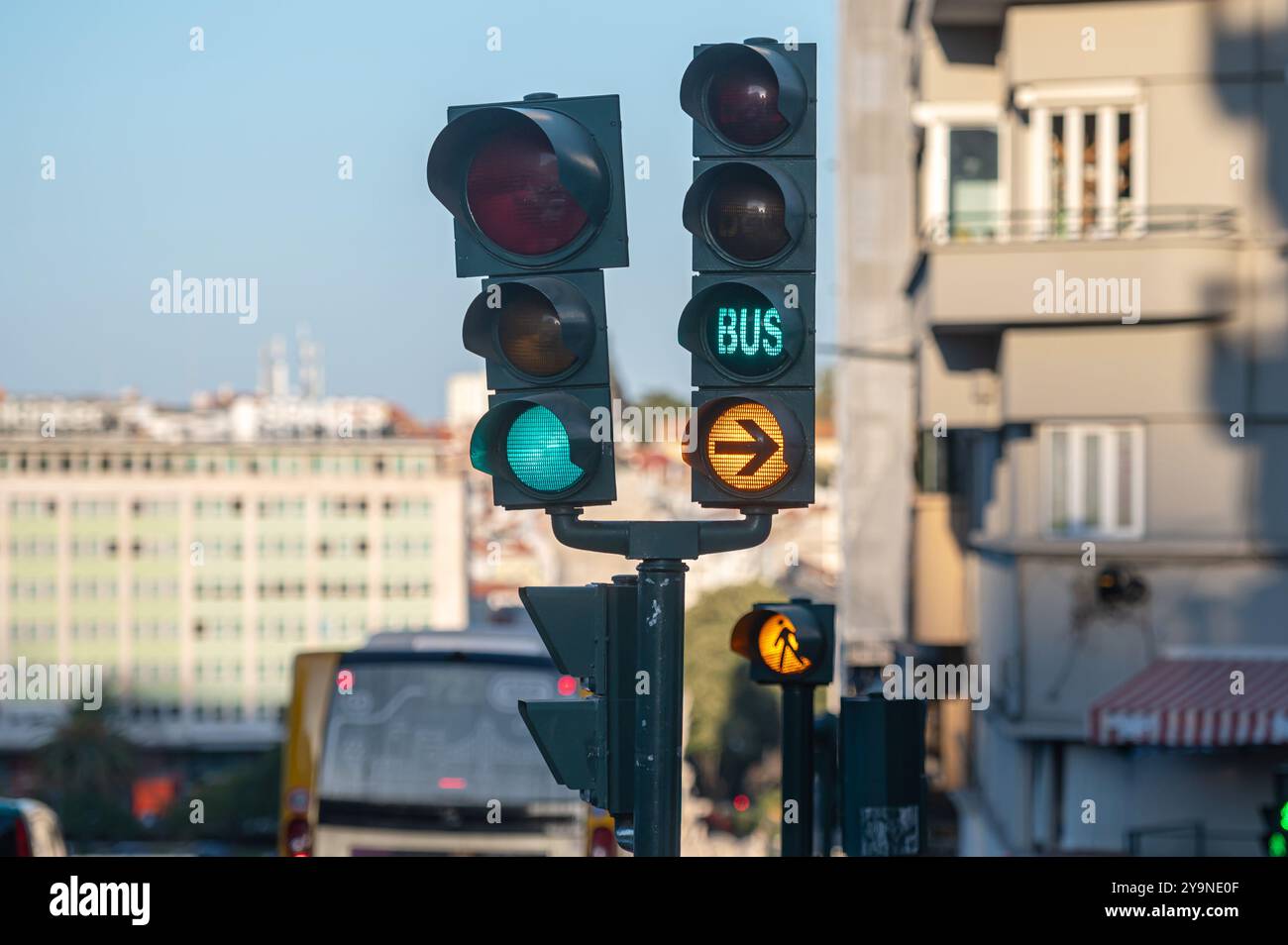 Traffic signals display bus lane permission and pedestrian crossing at ...