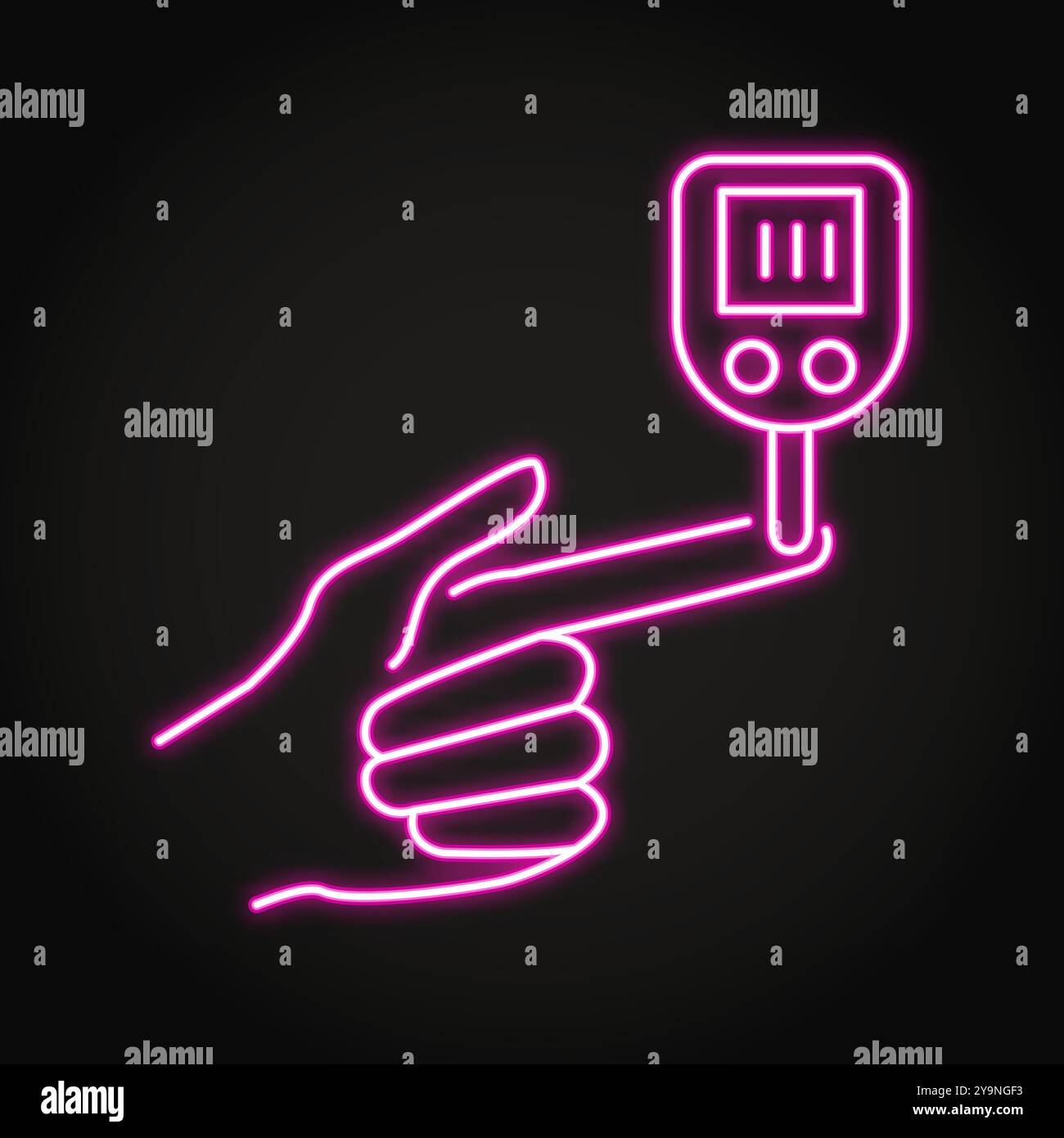 Blood sugar level test neon icon. Hand with glucose testing monitor ...