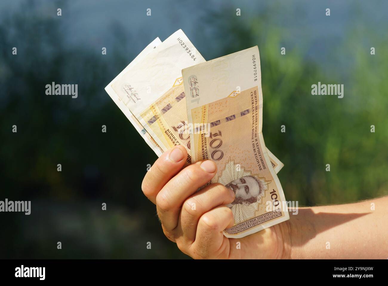 Tourist with cash: а close-up of a man's hand holding 100 Bosnian ...