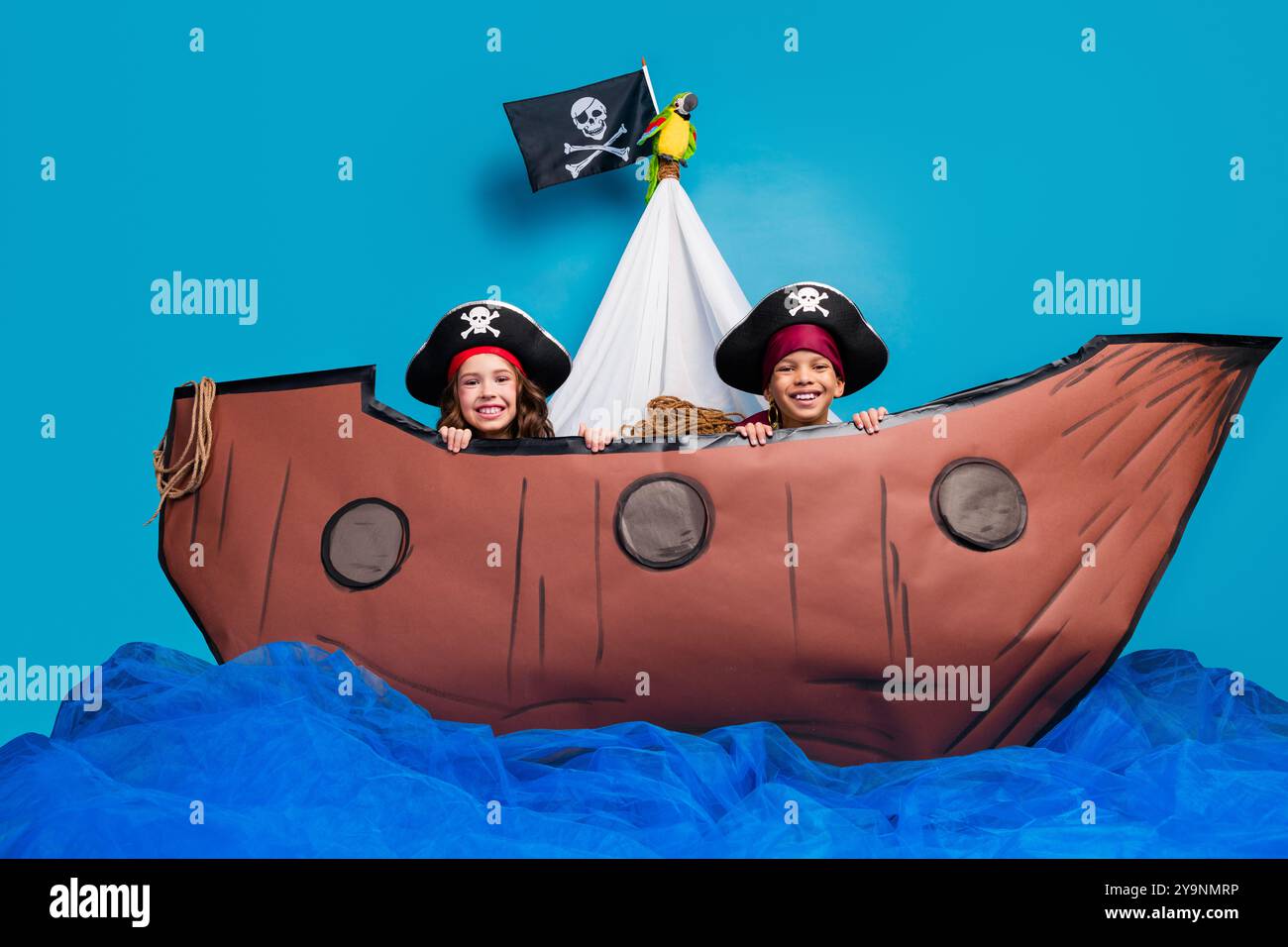 Full body photo of cute little boy girl play hide seek dressed pirates ...