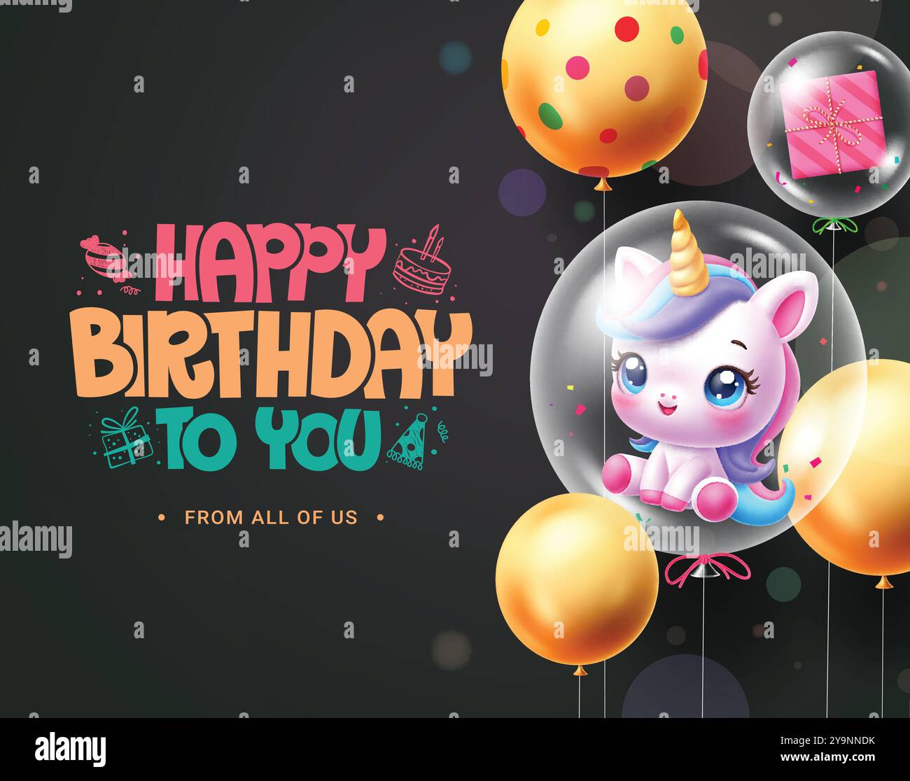 Happy birthday greeting vector template design. Birthday greeting text with unicorn character in ...