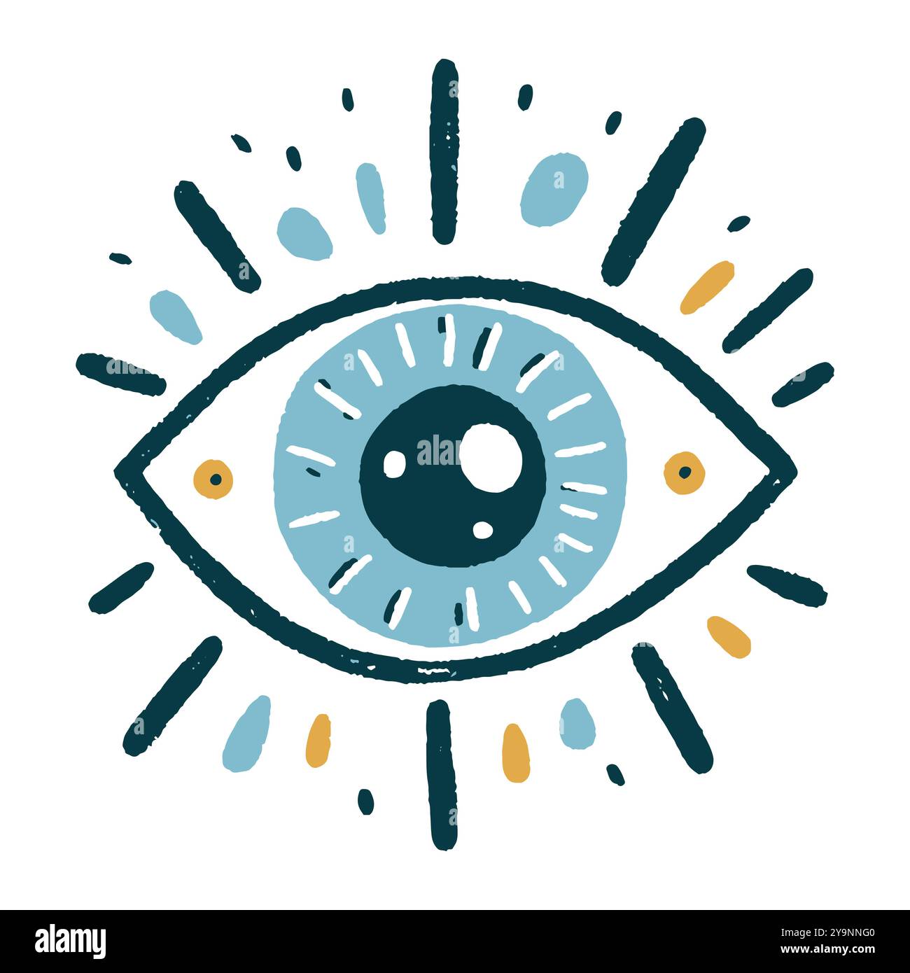 Blue eye with long black lashes radiating outwards, a childlike drawing ...