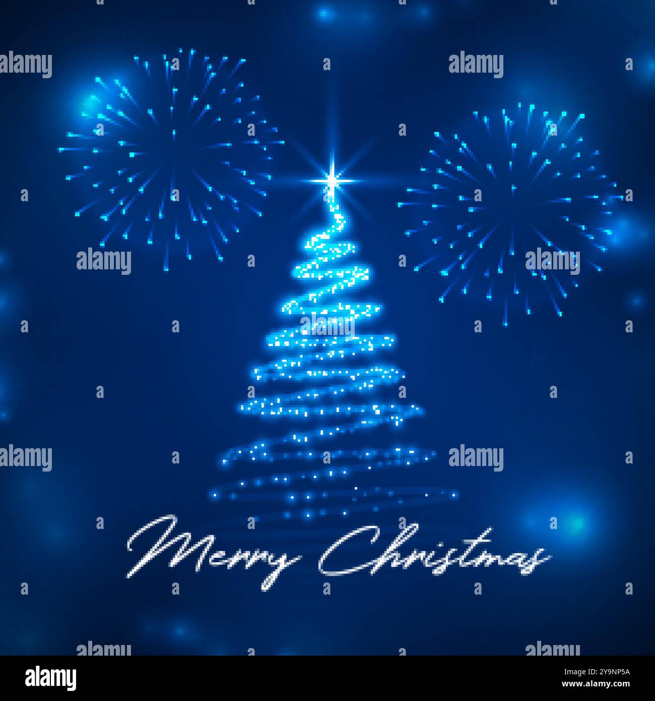 sparkling blue merry christmas tree with firework greeting card design ...