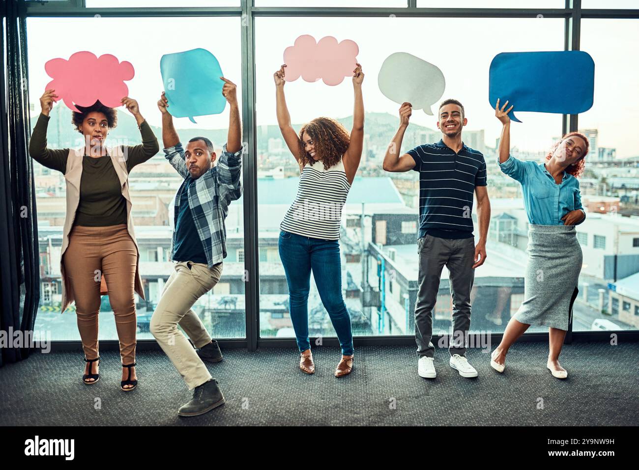 Diversity, business people and speech bubbles for opinion, onboarding ...