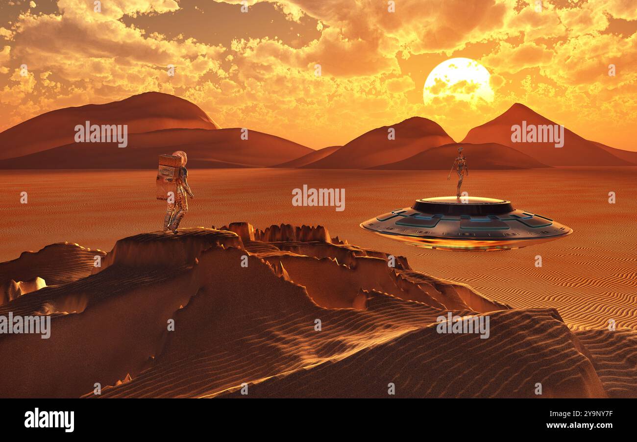 Humans & Aliens Working Together On An Exoplanets Surface Stock Photo ...