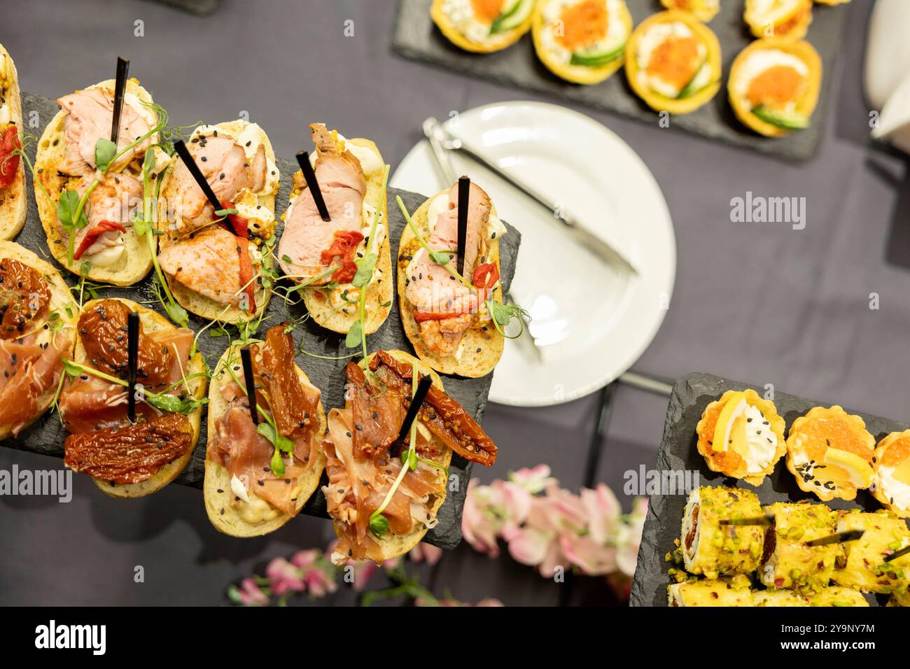 table Buffet Dishes. different Bruschetta served at the catering. Top ...