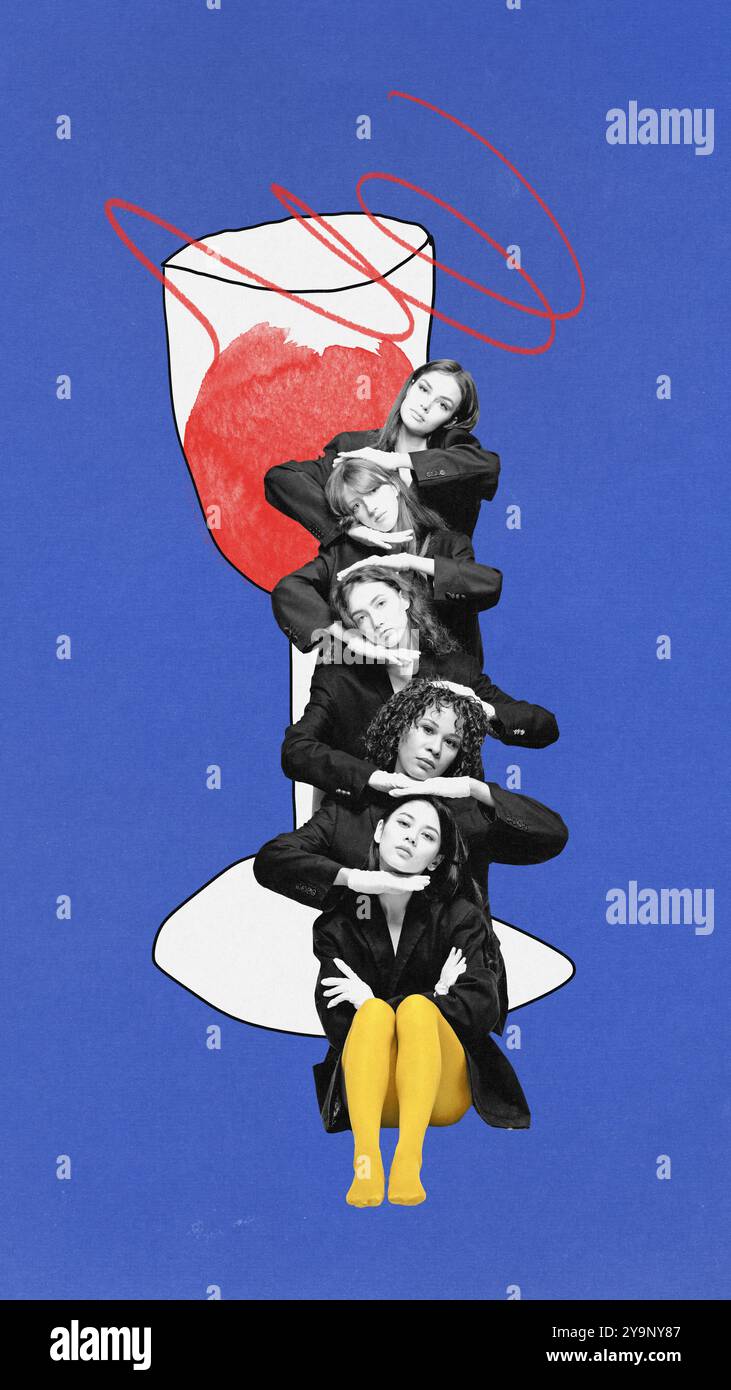 Poster. Contemporary art collage. Women stack their heads on each other ...