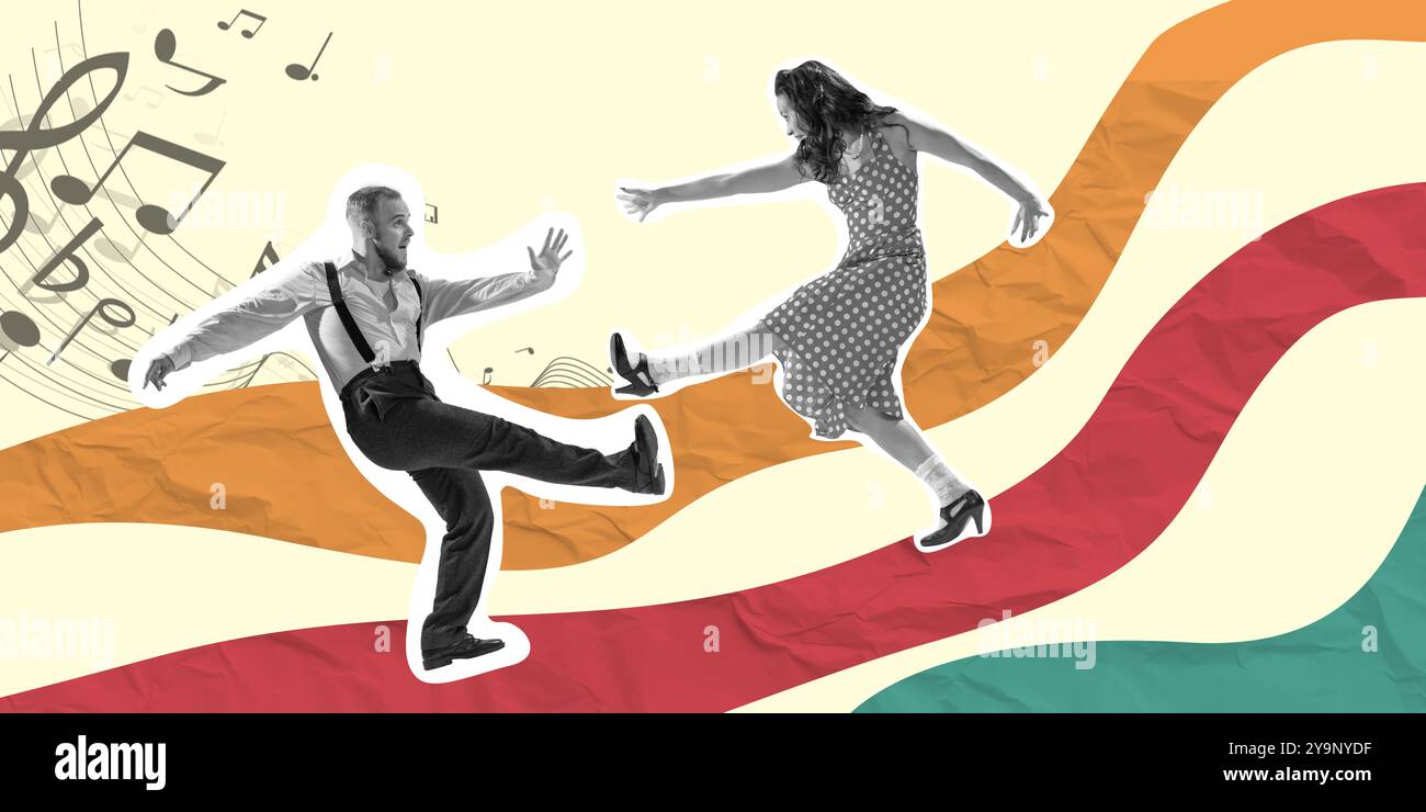 Stylish young man and woman dynamically dancing in sync, surrounded by ...