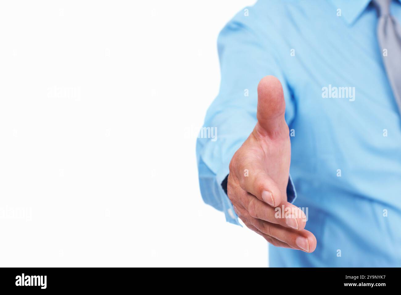 Man, handshake offer and studio for meeting, employee pov and welcome ...