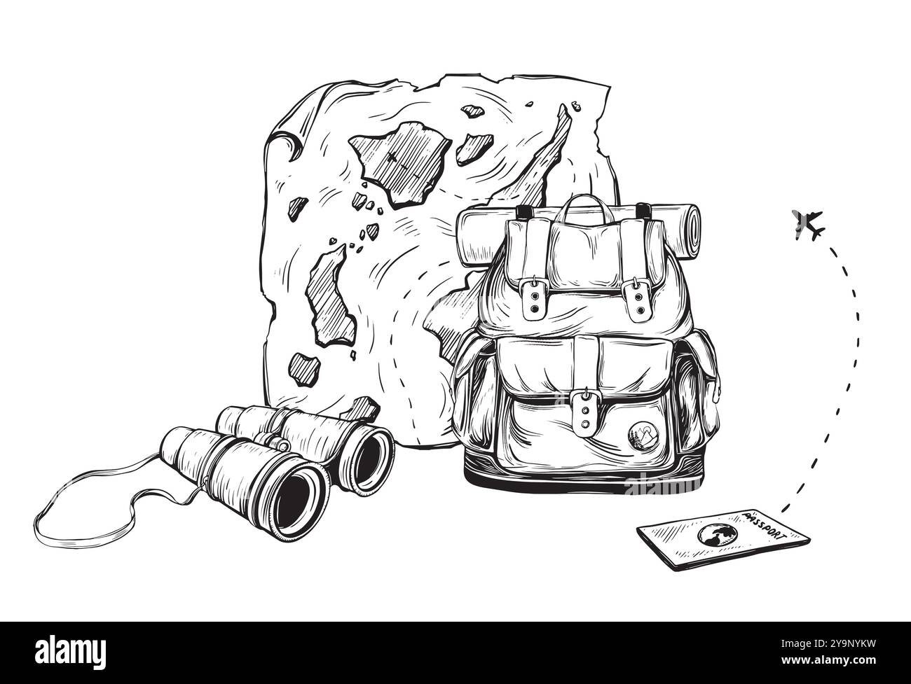 Backpack and binocular vector illustration in linear drawing style. Hand drawn drawing sketch of ...
