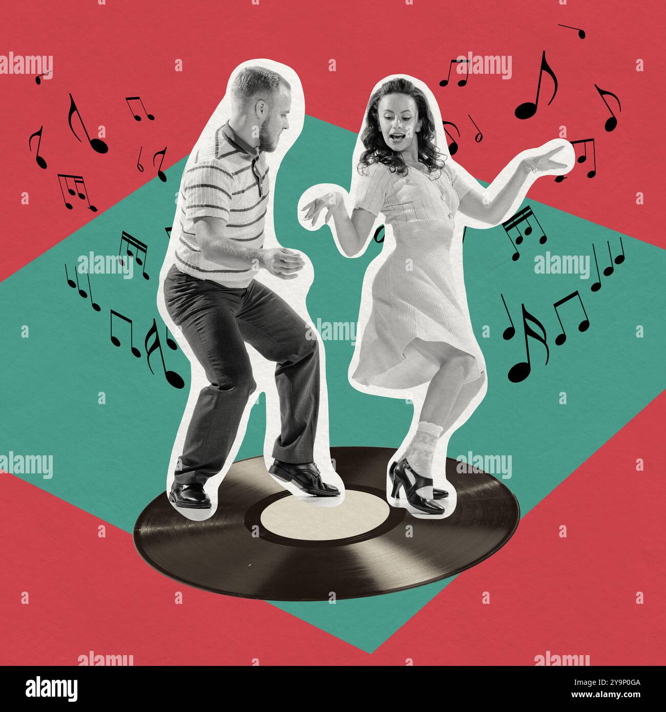 Nostalgia from the 50s. Elegant cheerful man and woman dancing on vinyl ...