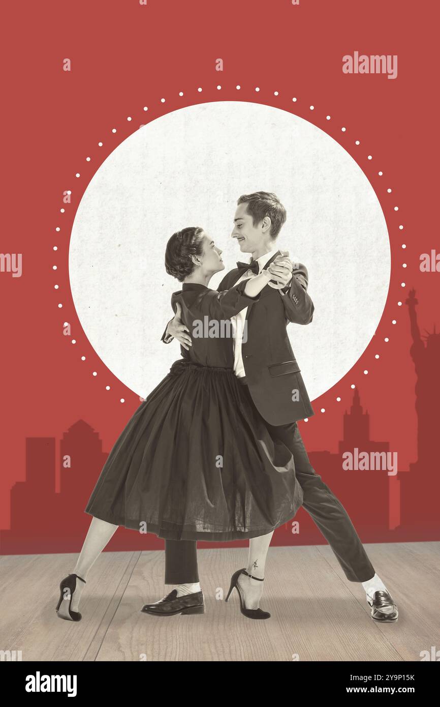 Elegant young couple, man and woman gracefully dancing, with glowing ...