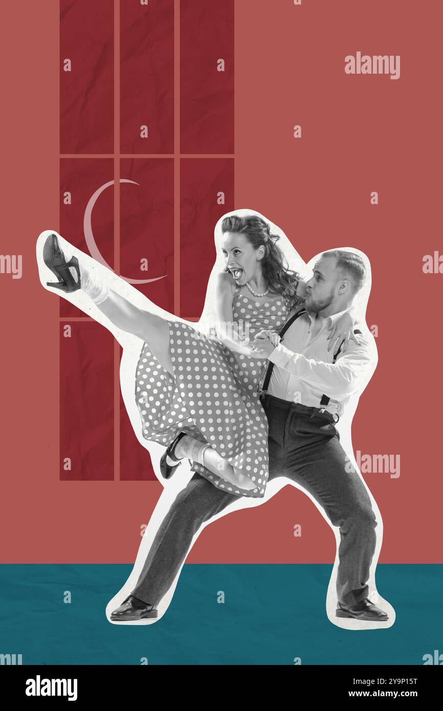 High-energy Lindy Hop. Man and woman, couple joyfully dancing on red ...