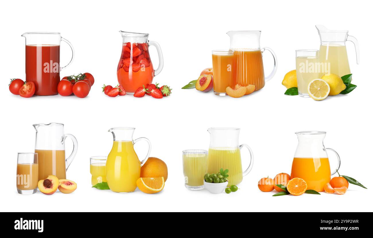 Glass jugs with different juices isolated on white, set Stock Photo - Alamy