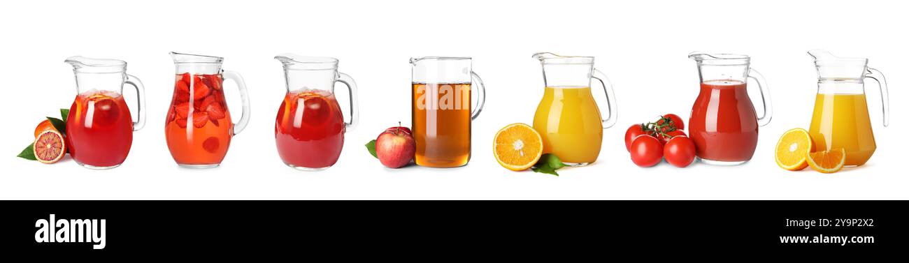 Glass jugs with different juices isolated on white, set Stock Photo - Alamy