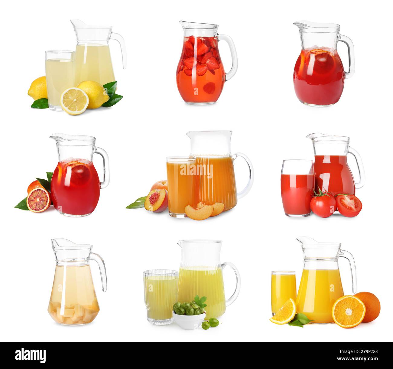 Glass jugs with different juices isolated on white, set Stock Photo - Alamy