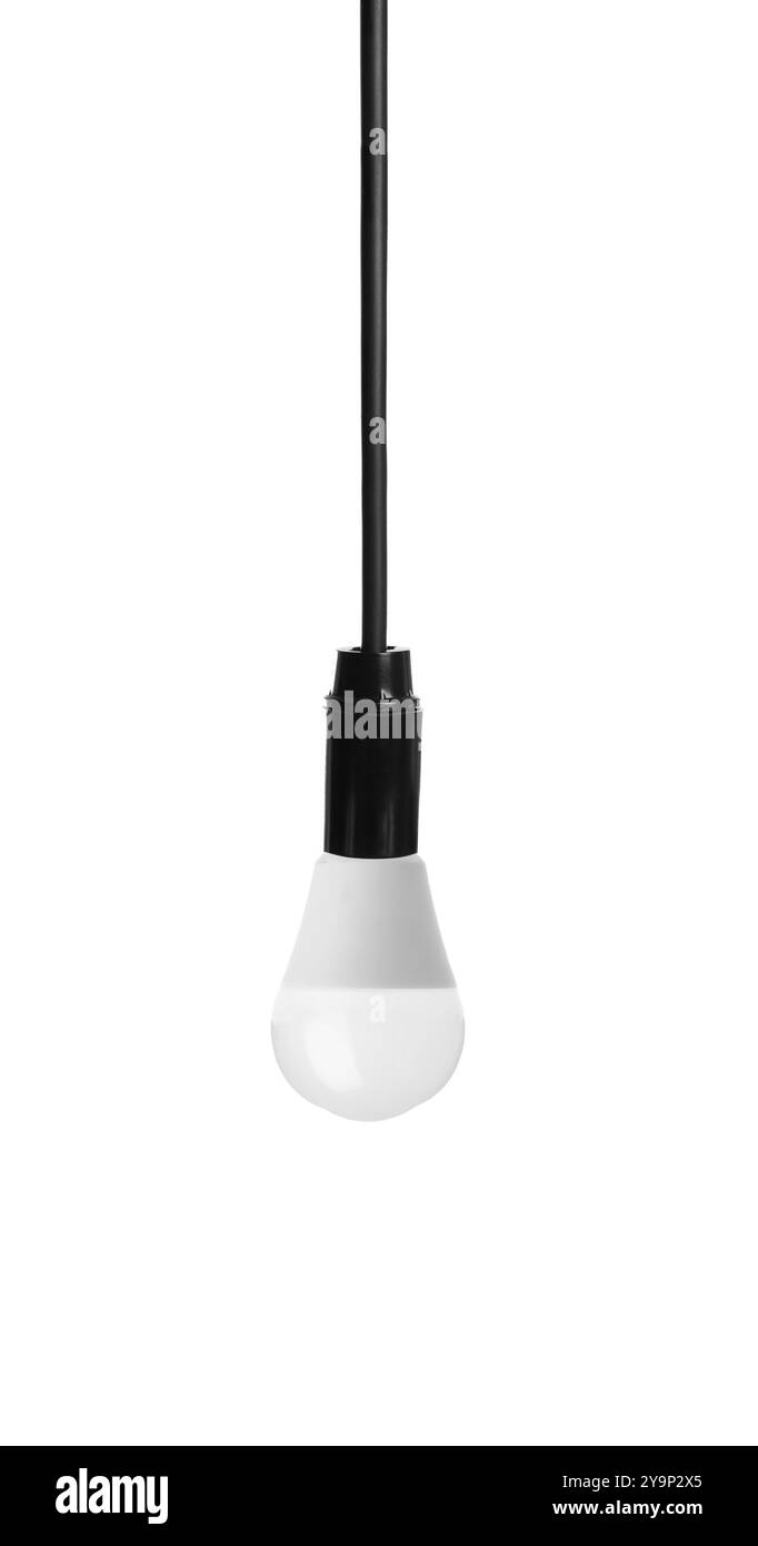 One light bulb hanging on white background Stock Photo - Alamy