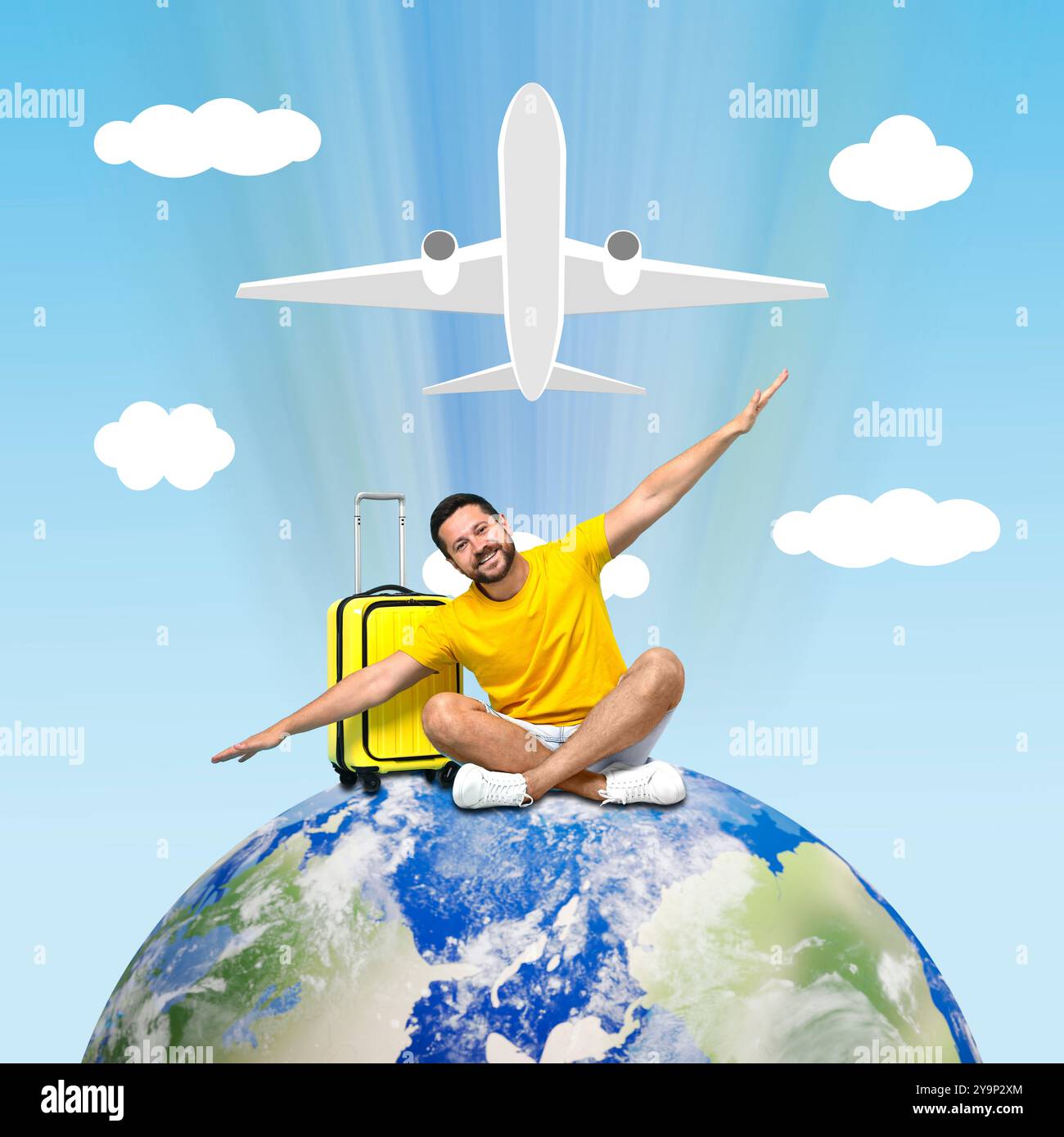 Happy tourist with suitcase sitting on globe under flying plane. Man ...
