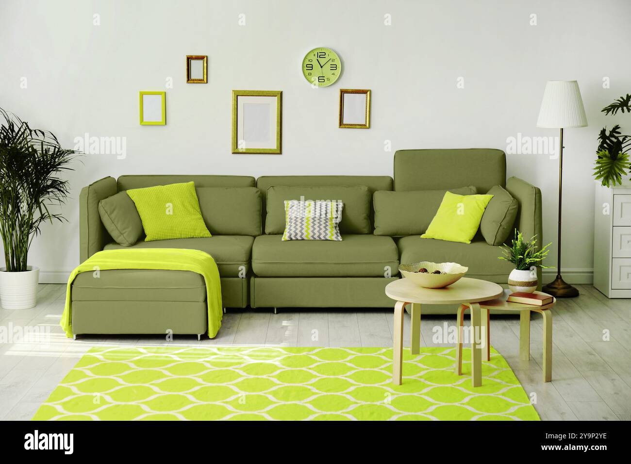 Stylish living room interior. Comfortable olive color couch, nesting ...