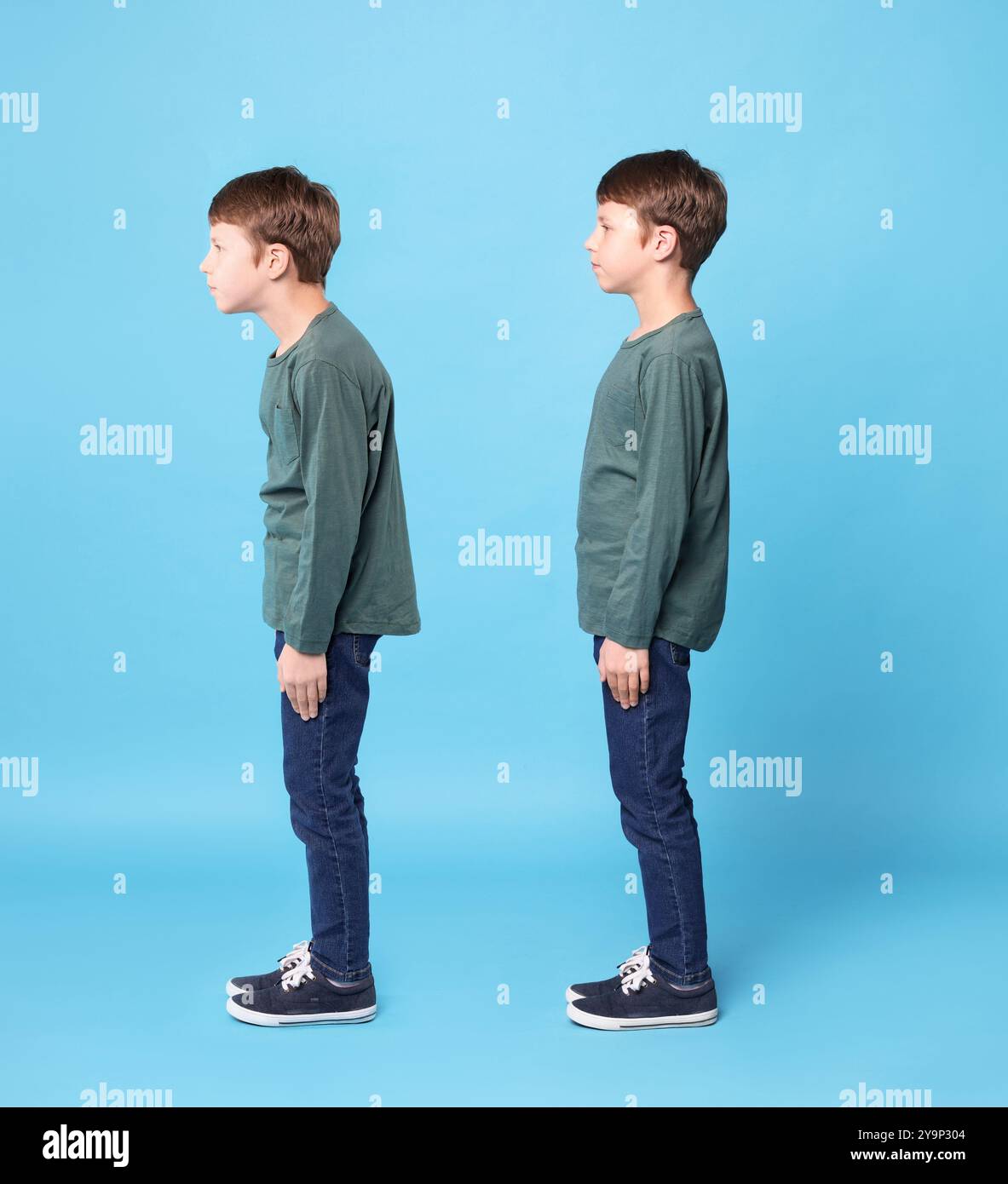 Good and bad posture, collage. Boy standing on dark light blue ...