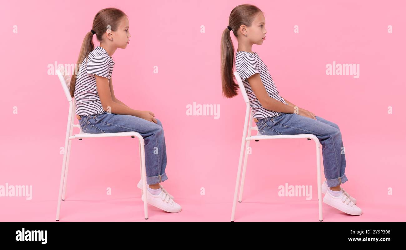 Good and bad posture, collage. Girl sitting on chair against on pink ...