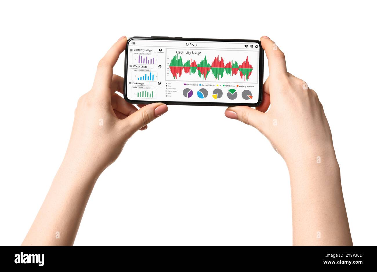 Woman monitoring smart meter readings on mobile phone on white ...