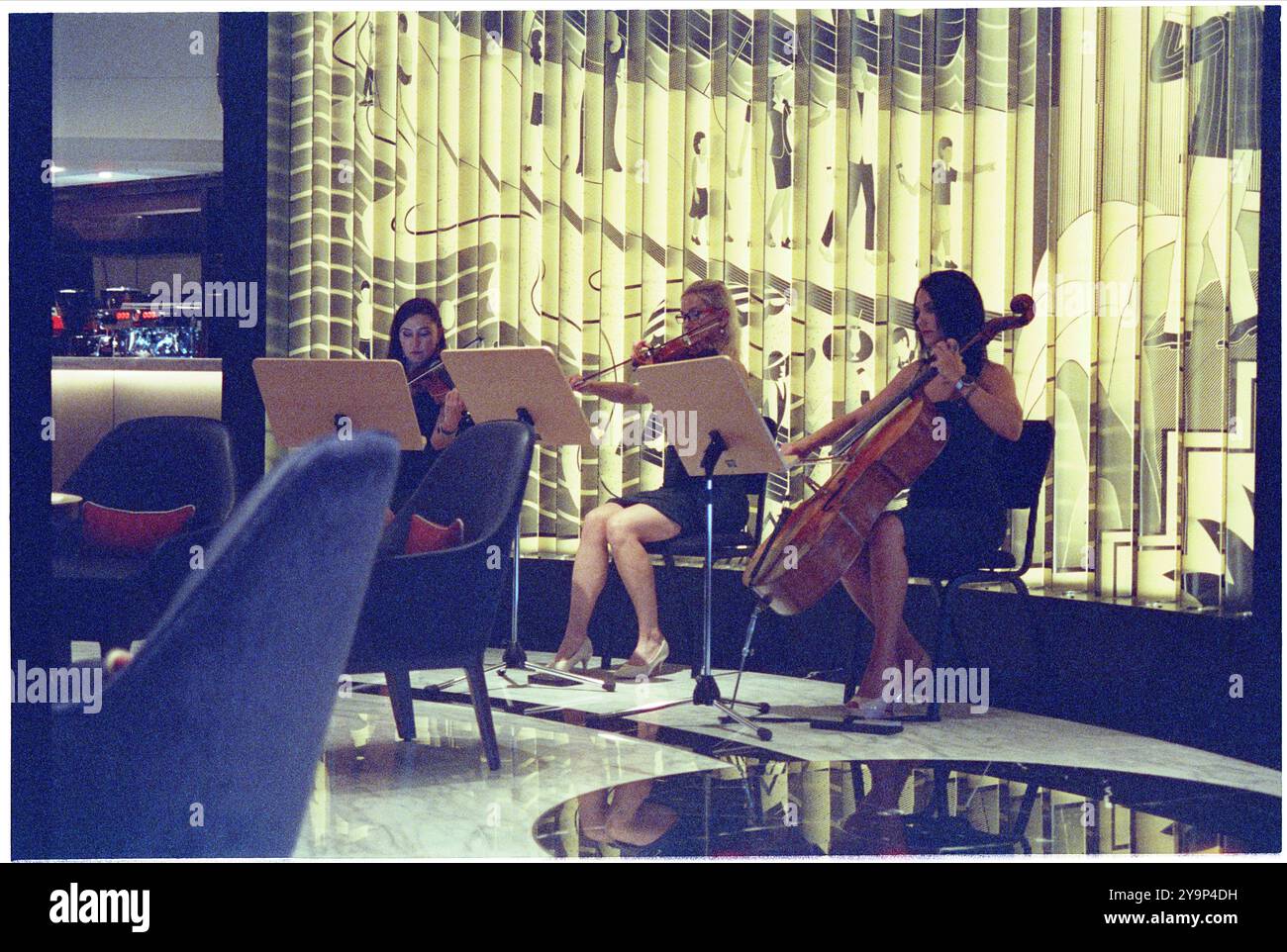 String trio playing in the grand lobby of Cunard' new cruise ship the ...
