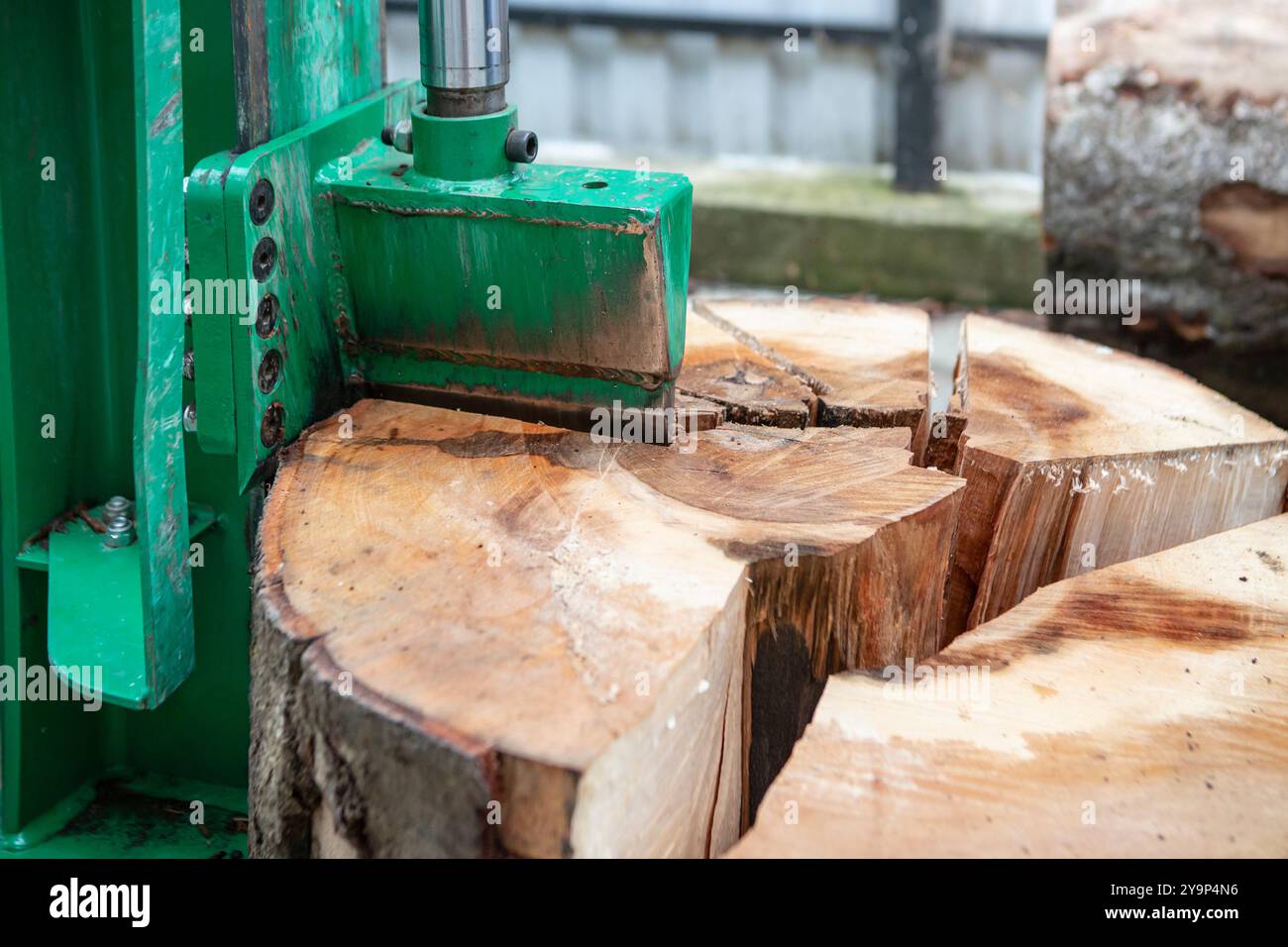 Hydraulic wood chopper splitting a big tree stump Stock Photo - Alamy