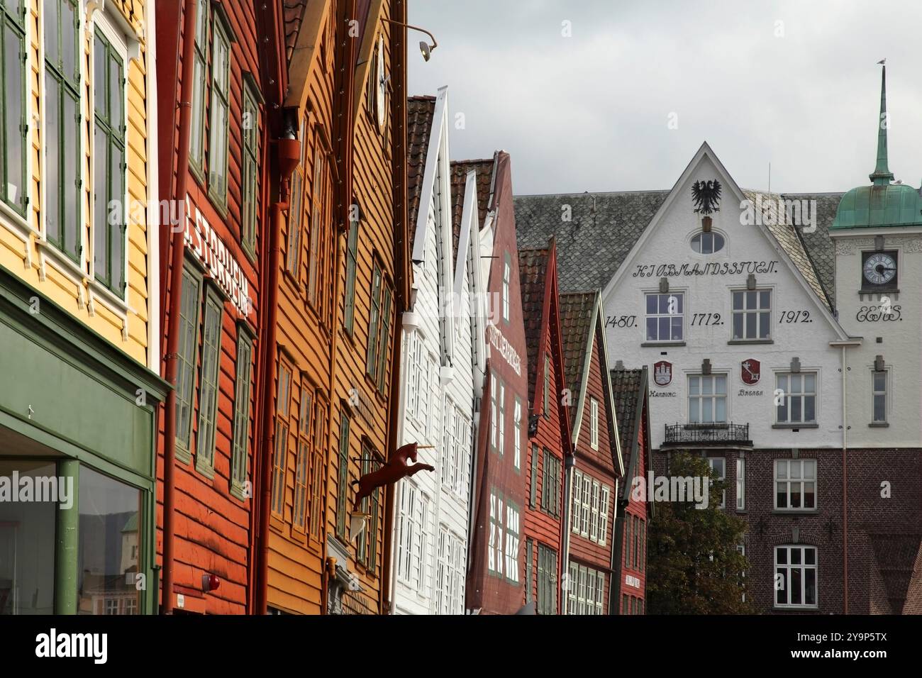 Traditional timber buildings at the Hanseatic Wharf, Bryggen, Bergen ...