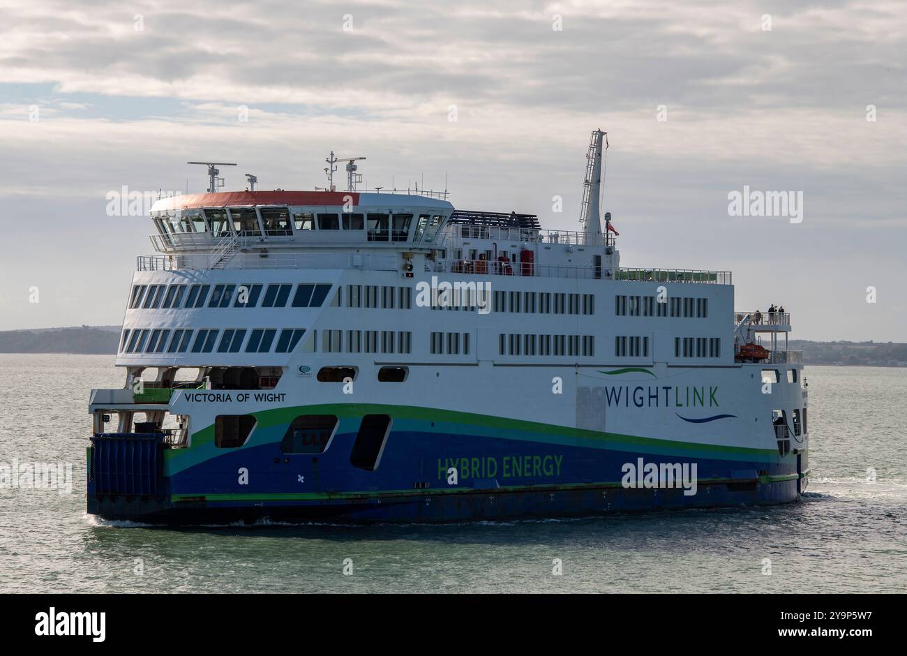 the hybrid powered vehicle ferry Victoria of Wight crossing the solent ...