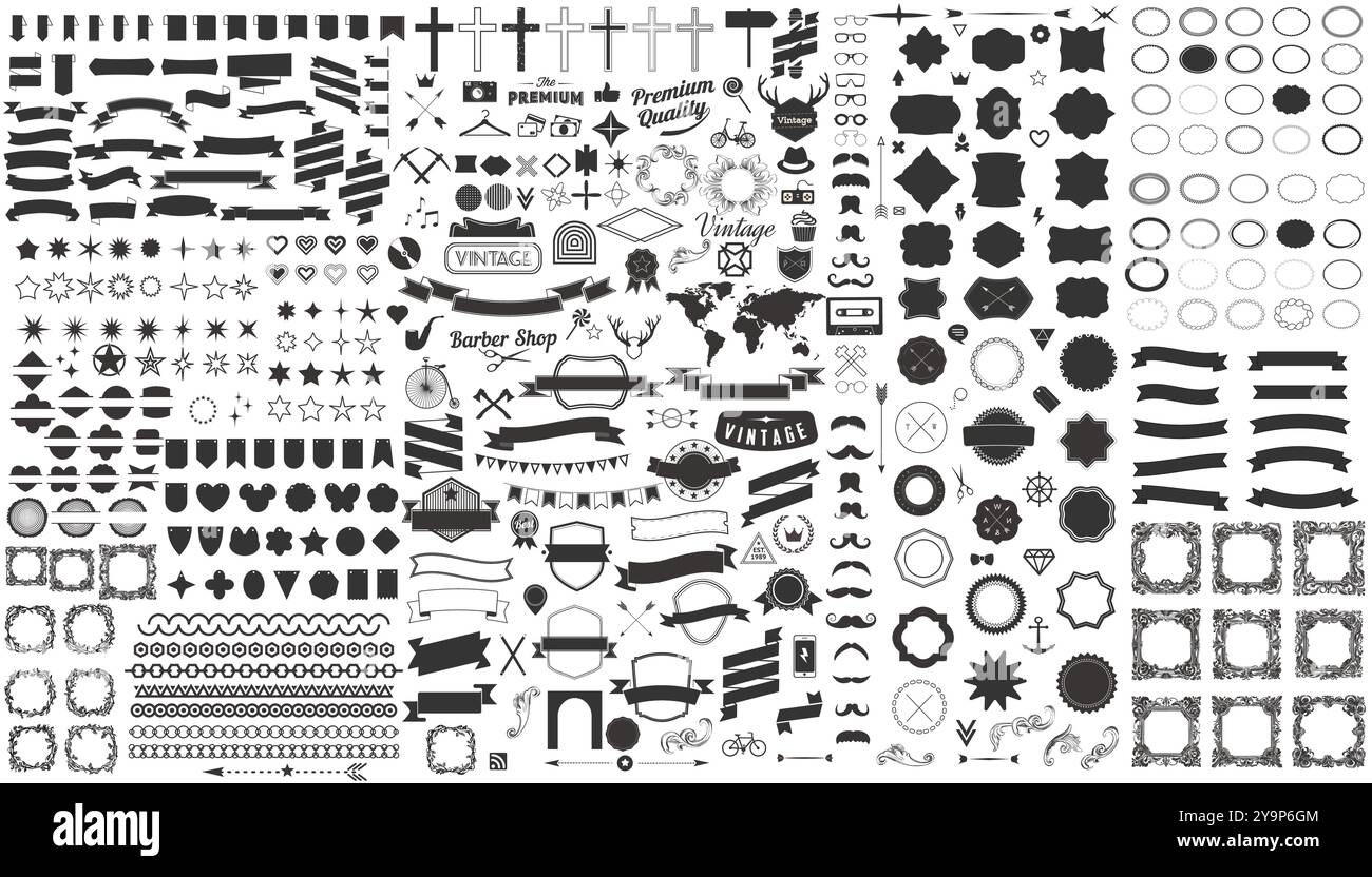 Huge set of vintage styled design hipster icons. Vector signs and ...