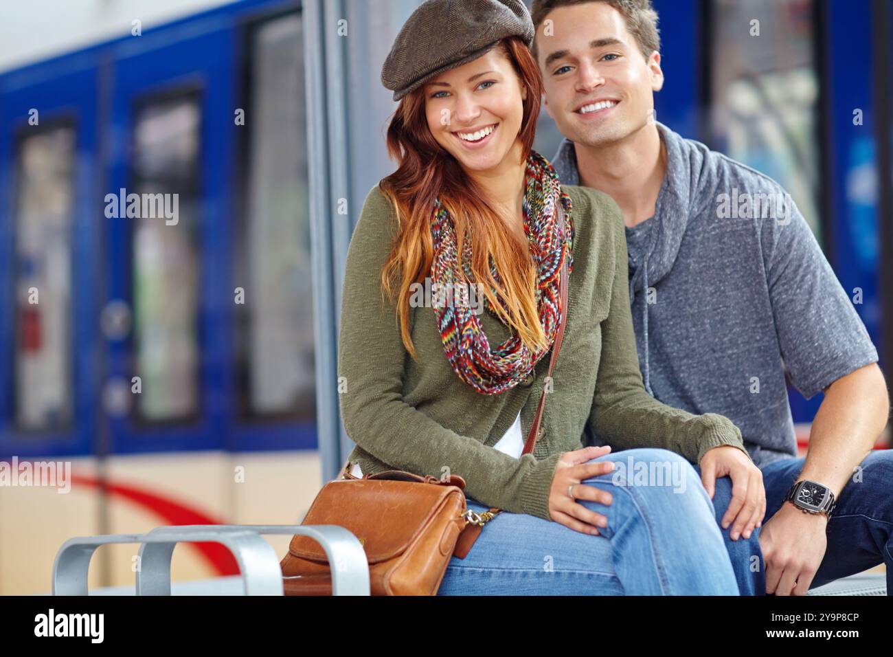Smile, trip and portrait with couple at bus station for holiday ...