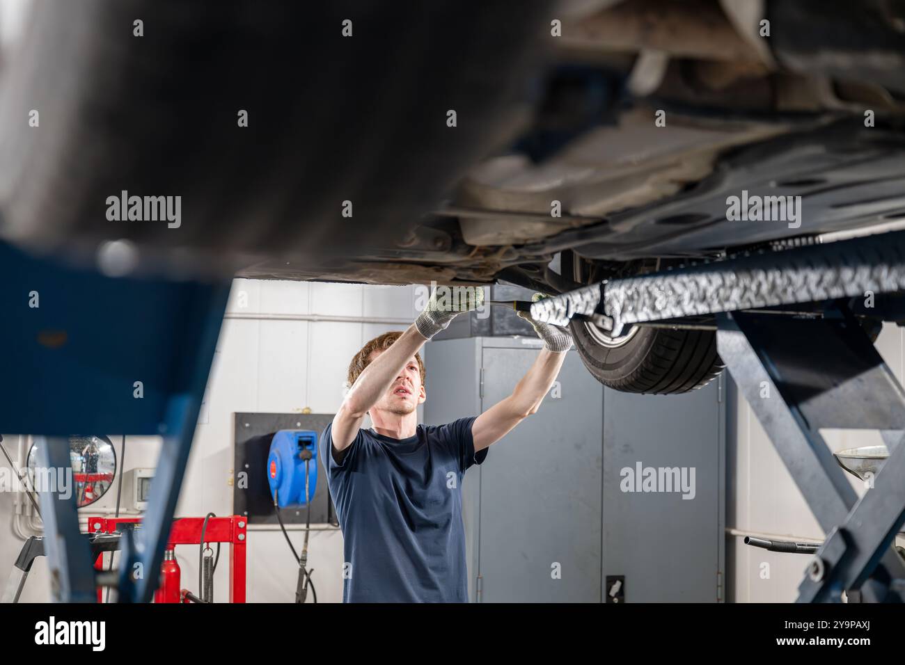 car mechanic standing under lifted car and fixing car in garage Stock ...