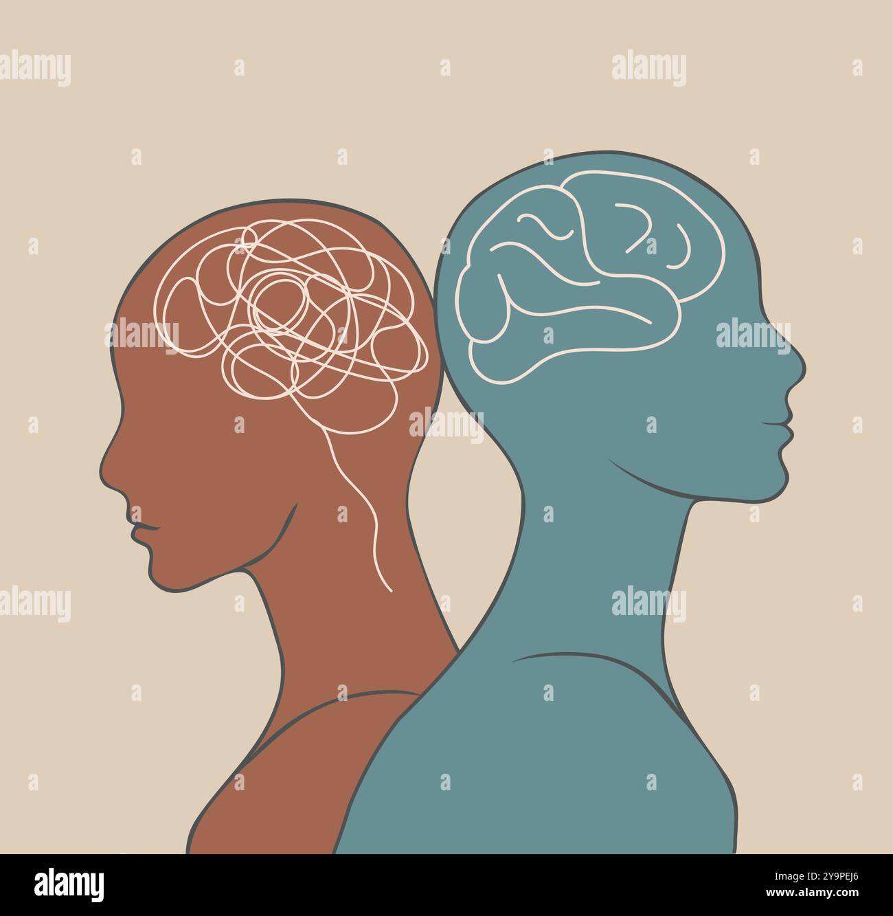 2 Head silhouette. Metaphor bipolar disorder mind mental. Double face ...