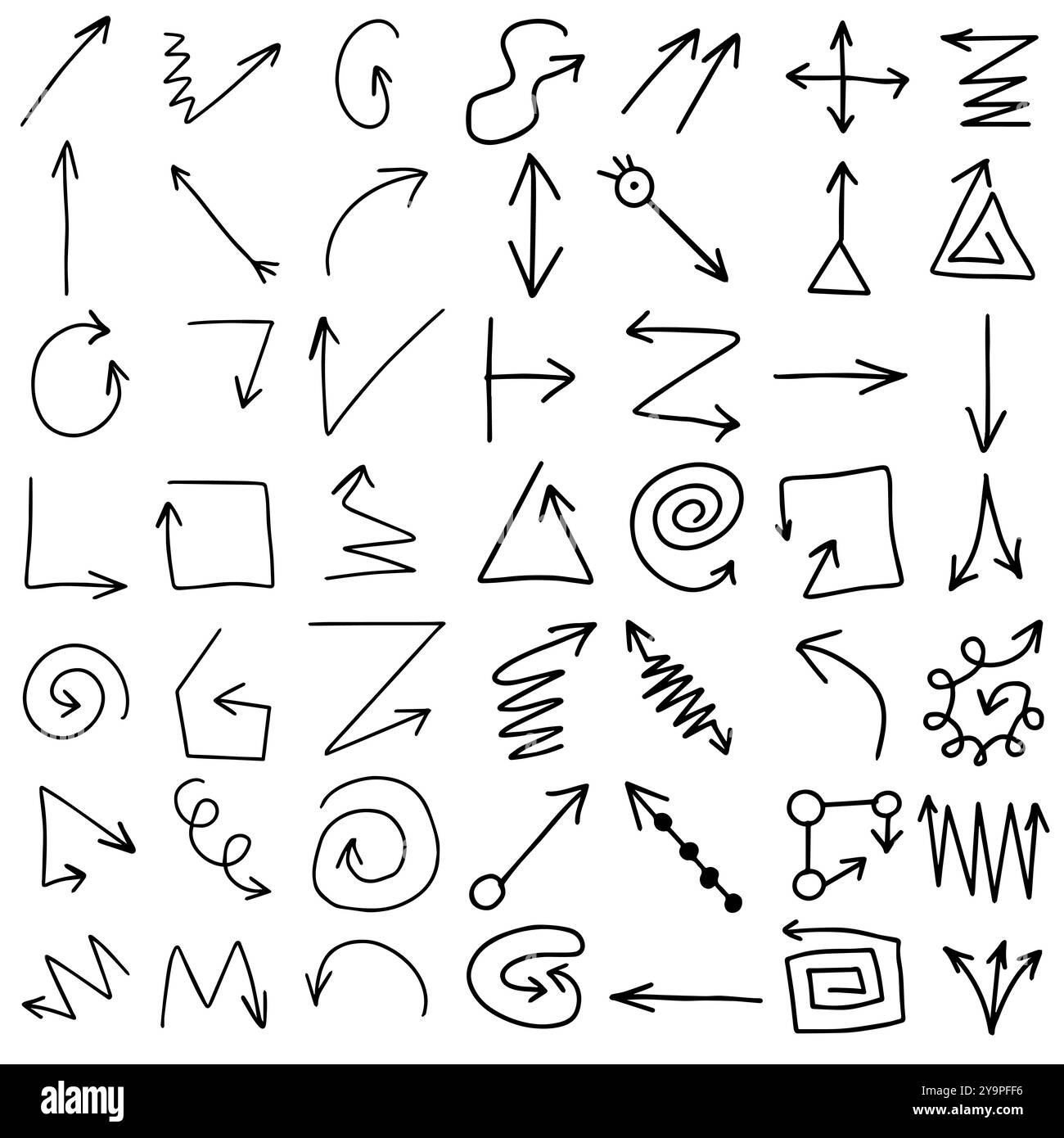 Set of marker drawn arrows. Hand drawn black pointers, arrow icons isolated on white background ...