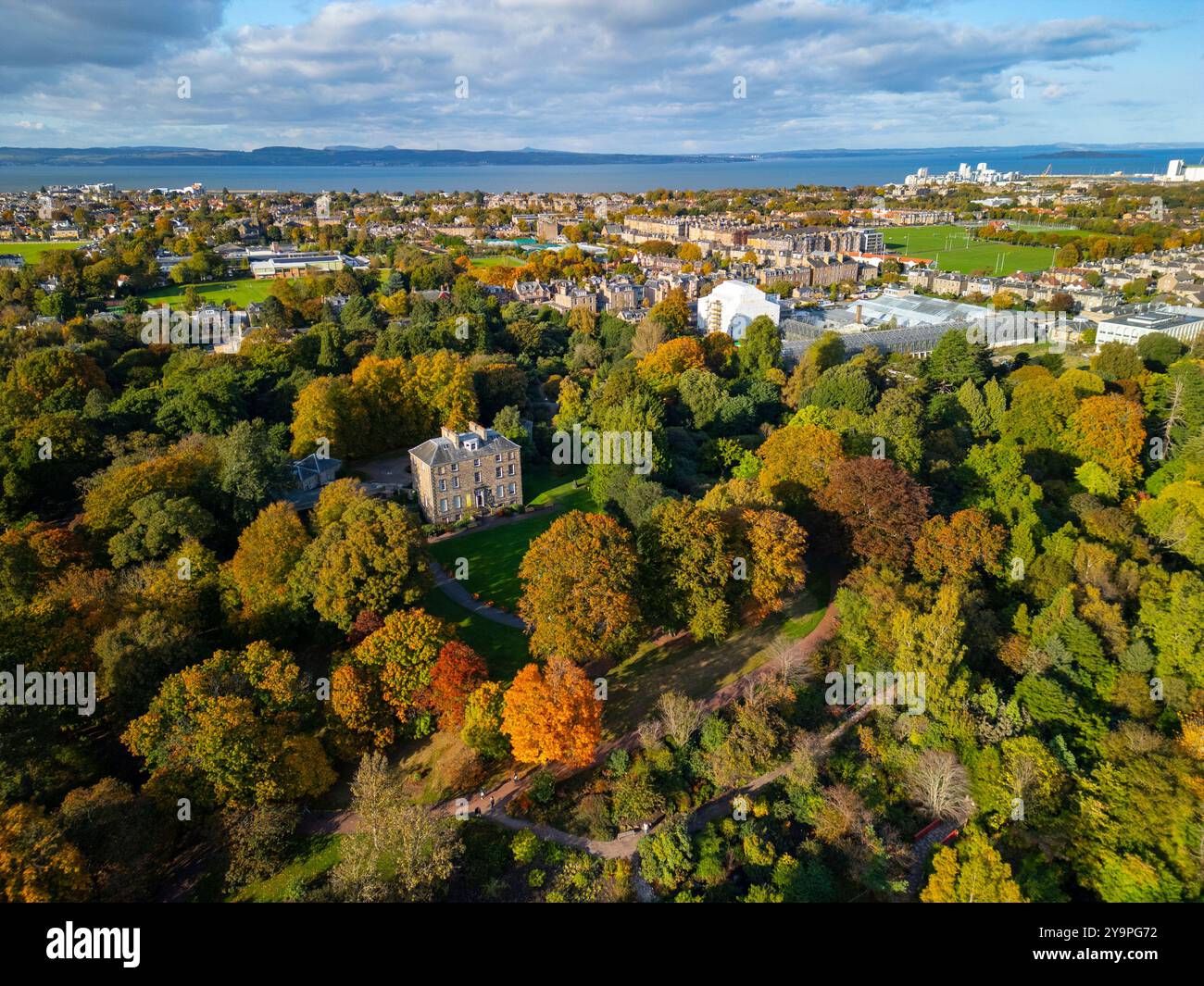 Aerial view of Inverleith House in Royal Botanic Garden with trees in ...