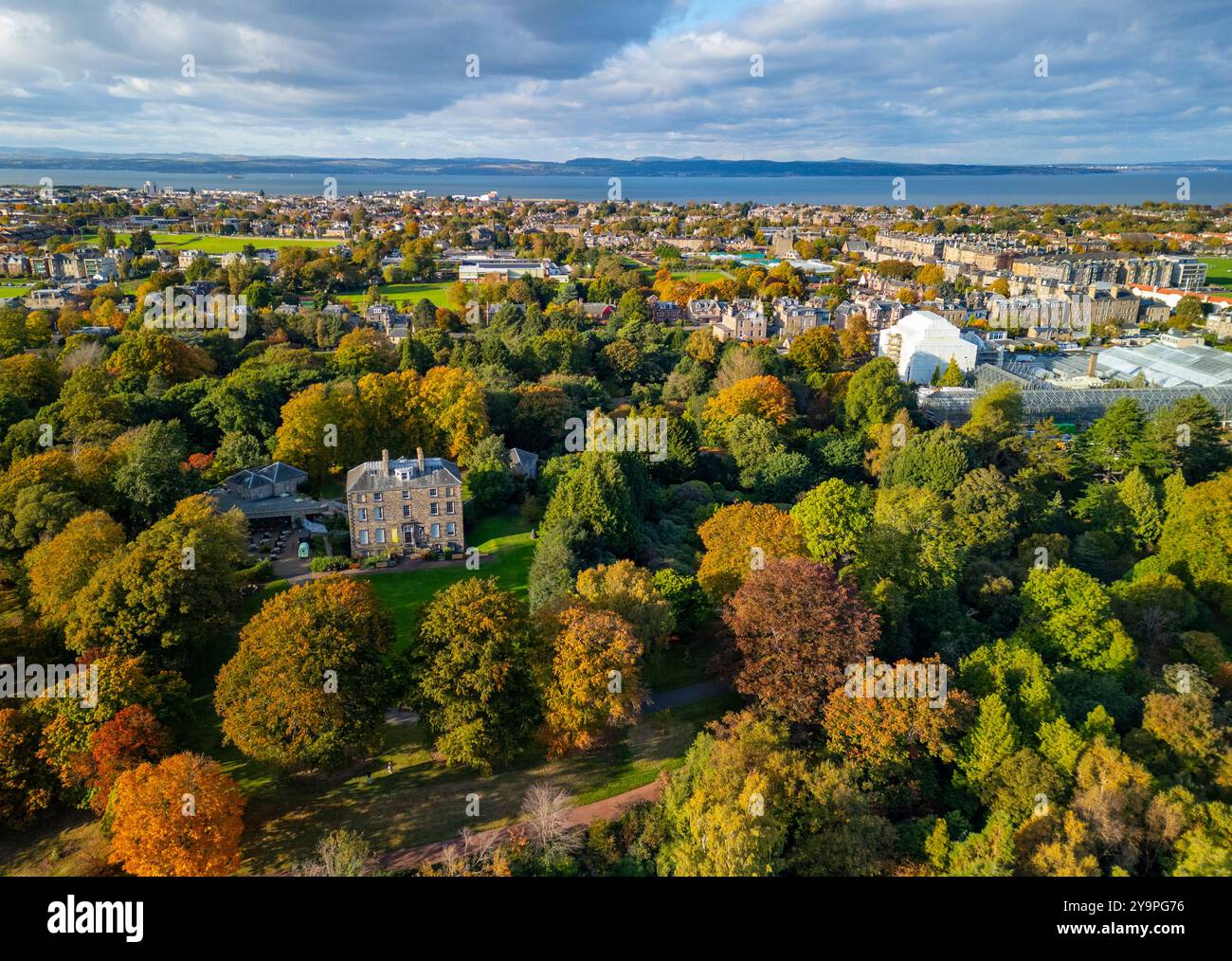 Aerial view of Inverleith House in Royal Botanic Garden with trees in ...